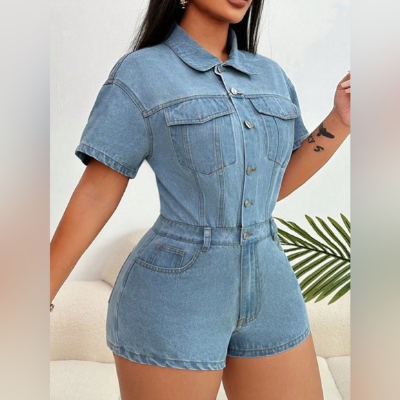 Pants & Jumpsuits | Collared Neck Short Sleeve Denim Romper | Poshmark